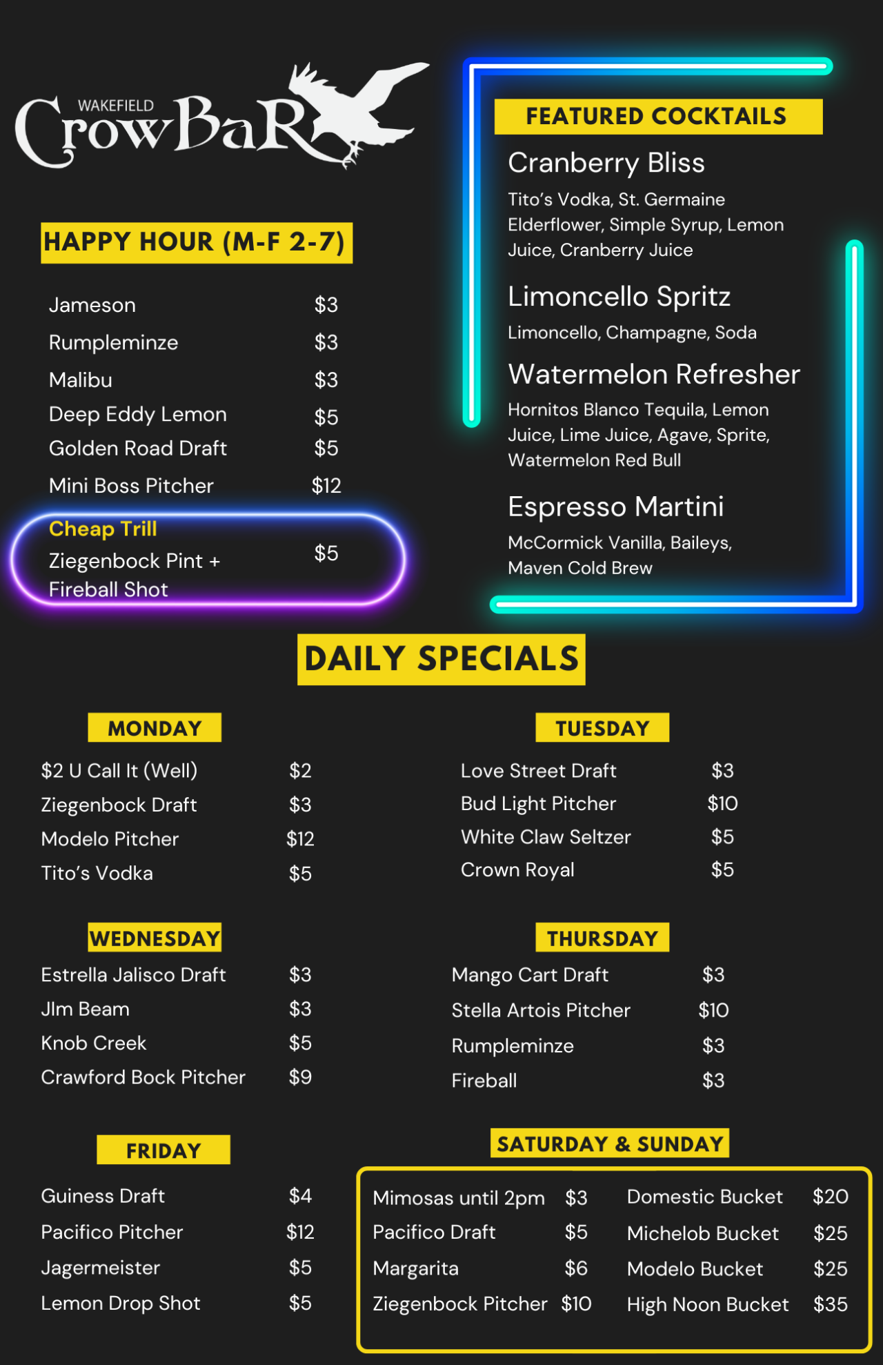 Daily Specials & Happy Hour - Wakefield Crowbar